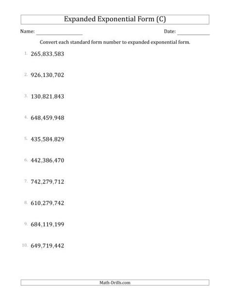 converting standard form numbers to expanded exponential form 9 digit