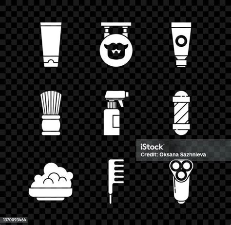 세트 크림 또는 로션 화장품 튜브 이발소 면도 젤 폼 헤어 브러시 남성을위한 전기 면도날 미용사 권총 스프레이 병 아이콘 벡터 0명에 대한 스톡 벡터 아트 및 기타 이미지