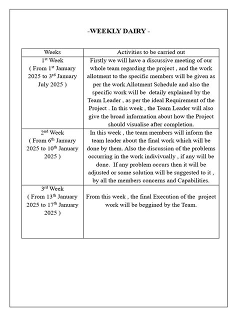 Weekly Diary For Cpp Project Pdf
