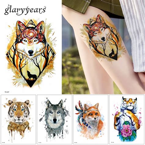 Glaryyears 디자인 시트 동물 문신 스티커 늑대 호랑이 멋진 패턴 임시 방수 바디 아트 문신 컬러 드로잉 임시