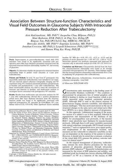 Pdf Association Between Structure Function Characteristics And Visual Field Outcomes In