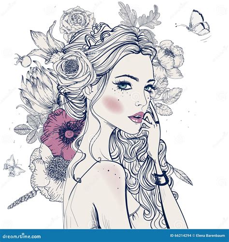 Mujer Hermosa Joven Con Las Flores Ilustración Del Vector Ilustración