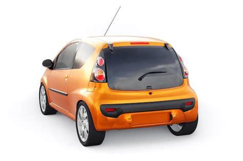 낮은 연료 소비 3d 렌더링으로 역사적인 도시의 비좁은 거리를 위한 주황색 금속성 초소형 도시 자동차 프리미엄 사진