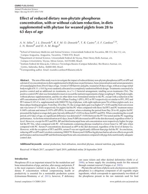 Pdf Effect Of Reduced Dietary Non Phytate Phosphorus Concentration With Or Without Calcium