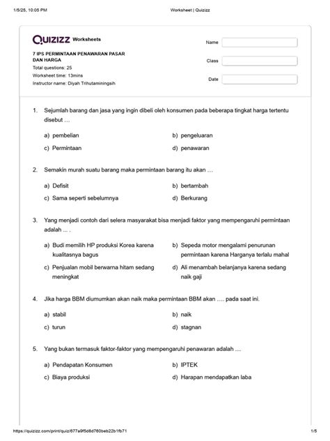 quizz permintaan, penawaran, harga dan pasar | PDF
