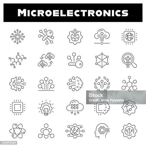 마이크로 일렉트로닉스 기술 벡터 개요 아이콘 세트 벽지 회로 기판 기호 개발에 대한 스톡 벡터 아트 및 기타 이미지 개발