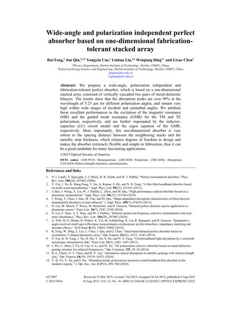 Pdf Wide Angle And Polarization Independent Perfect Absorber Based On One Dimensional
