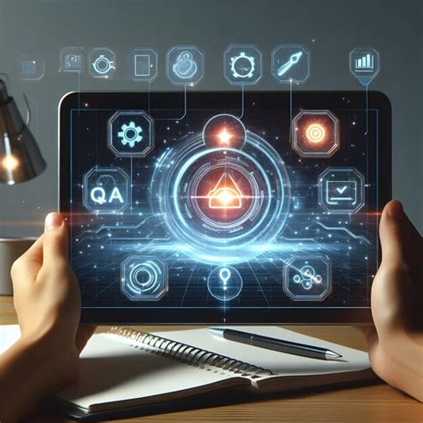 Modern Tablet With Holographic Ai Qa And Certification Icons On Digital Screen Minimalist Desk