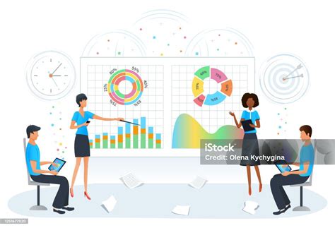 비즈니스 팀은 빅 데이터 그래프 차트 보고서 분석 프리젠 테이션을합니다 마케팅 연구 워크숍 교육 이익 성장 그래프를 분석하는 비즈니스 우먼 프로젝트 관리 개발에 대한 스톡