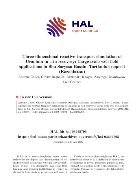 Pdf Three Dimensional Reactive Transport Simulation Of Uranium In