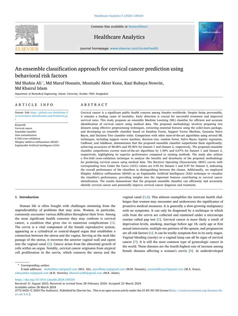 Pdf An Ensemble Classification Approach For Cervical Cancer