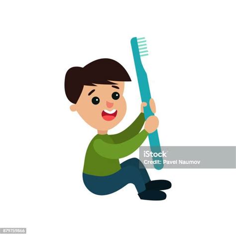 귀여운 소년 바닥에 앉아 문자 및 벡터 일러스트 레이 션 만화 거 대 한 칫 솔을 들고 건강한 생활방식에 대한 스톡 벡터 아트 및 기타 이미지 건강한 생활방식 귀여운