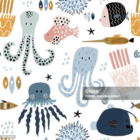 창조적이 고 다채로운 물고기 문 어 해파리 악마 물고기 물고기 고슴도치와 완벽 한 패턴입니다 창조적 인 해저 유치 한 텍스처입니다 직물 섬유 벡터 일러스트 레이 션에 대 한