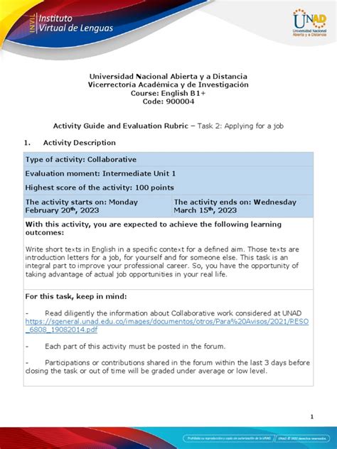 Activities Guide And Evaluation Rubric Unit 1 Task 2 Applying For A Job Pdf Rubric