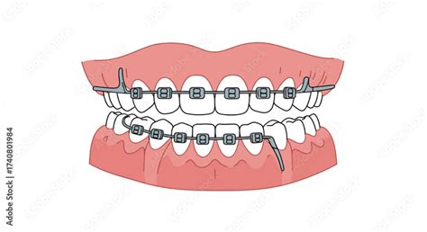 Orthodontic Braces On Teeth Dental Mouth Vector Line Art Diagram Stock