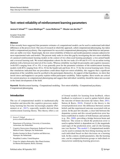 Pdf Test Retest Reliability Of Reinforcement Learning Parameters