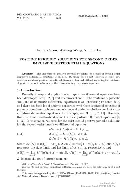 Pdf Positive Periodic Solutions For Second Order Impulsive