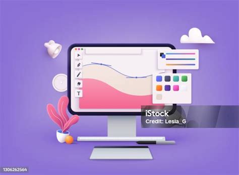 벡터 디자인 프로그램이 있는 컴퓨터 디스플레이입니다 3d 웹 벡터 일러스트레이션 디자인 전문가에 대한 스톡 벡터 아트 및 기타