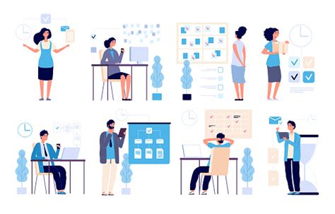 시간 관리 비즈니스 담당자는 업무를 관리하고 사무실 전략을 계획했습니다 성공 활동 구성 일정 벡터 세트 지정 계획에 대한 스톡 벡터 아트 및 기타 이미지 Istock