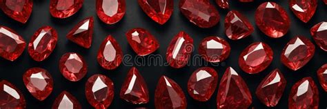 Bunch Of Shiny Red Ruby On Plain Black Dark Background Panoramic Wide