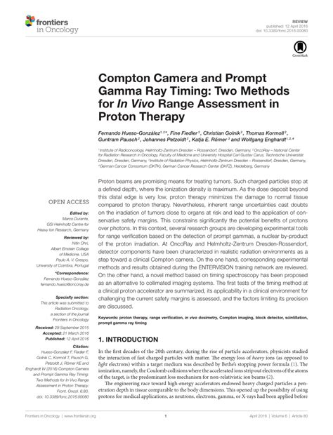 Pdf Compton Camera And Prompt Gamma Ray Timing Two Methods For In Vivo Range Assessment In