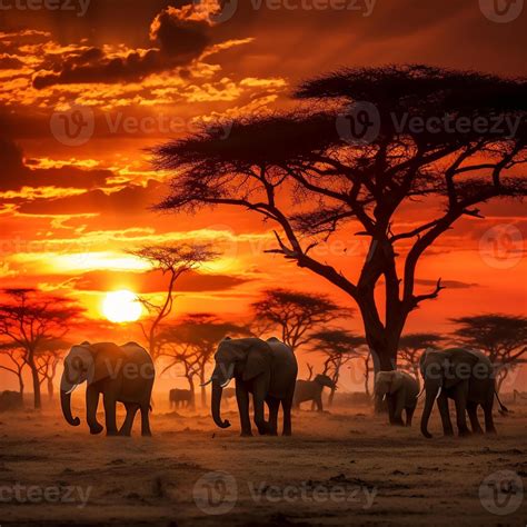 Stunning African Safari Scene At Sunset With Elephants Giraffes And