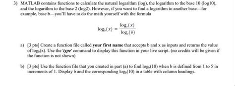 Solved 3 Matlab Contains Functions To Calculate The Natural
