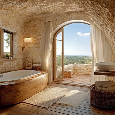 Rustic Cave Bathroom With Stone Walls Wooden Bathtub Woven Baskets