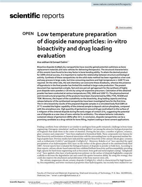 Pdf Low Temperature Preparation Of Diopside Nanoparticles In Vitro