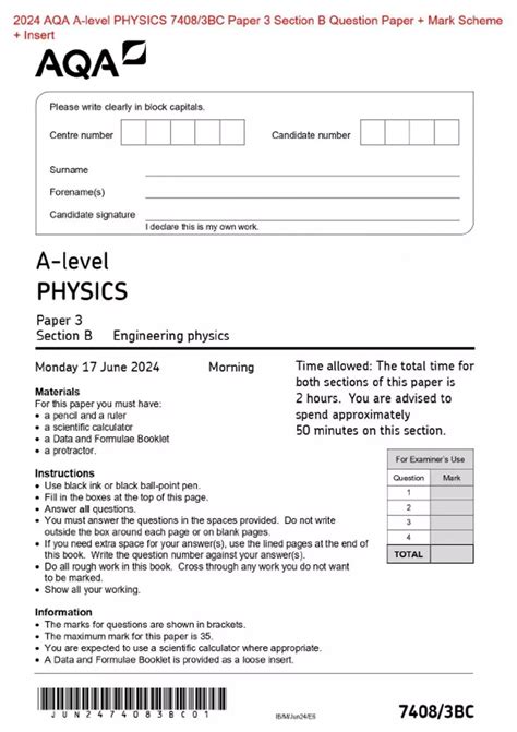 AQA A Level PHYSICS BC Paper Section B Question Paper Mark Scheme Insert Actual