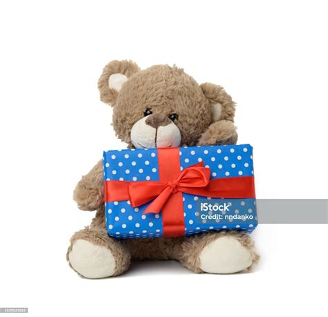 흰색 고립 된 배경에 파란색 종이와 빨간색 실크 리본으로 싸여 상자를 들고 귀여운 갈색 테디 베어 앉음에 대한 스톡 사진 및