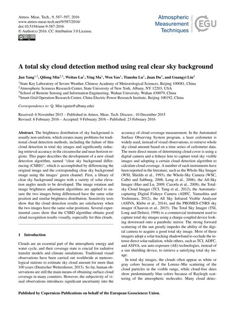 Pdf A Total Sky Cloud Detection Method Using Real Clear Sky Background