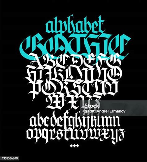 완전한 고딕 알파벳 벡터 검은 색 배경에 대문자 및 소문자 달필 문신에 대한 우아한 글꼴 중세 유럽 스타일 모든 라틴 어 문자는
