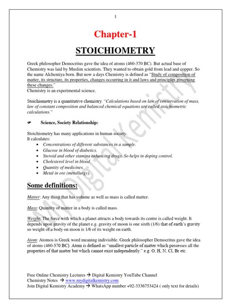 Class 11 Chemistry Chapter Stoichiometry Notes 1 Pdf