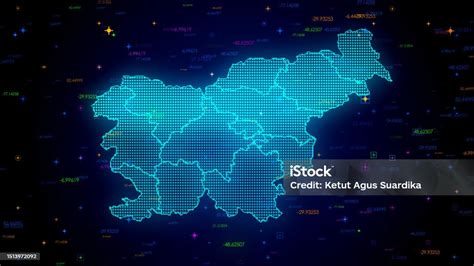 미래 지향적인 파란색 다채로운 반짝이는 디지털 기술 Hud Dots 모자이크 그리드 슬로베니아 지도 별도의 지역 숫자 기술로 빛 스캐닝 0명에 대한 스톡 벡터 아트 및 기타
