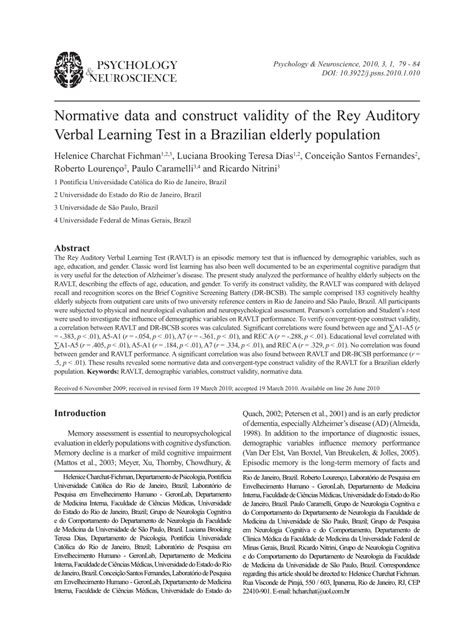 Pdf Normative Data And Construct Validity Of The Rey Auditory Verbal Learning Test In