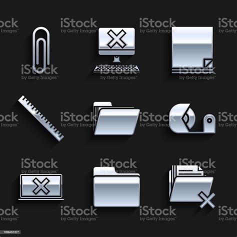 Set Document Folder Delete Scotch Laptop And Cross Mark On Screen Ruler File Document And Paper
