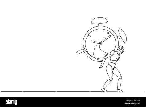 Continuous One Line Drawing Robots Standing And Carry Heavy Huge Alarm Clock Humanoid Robot