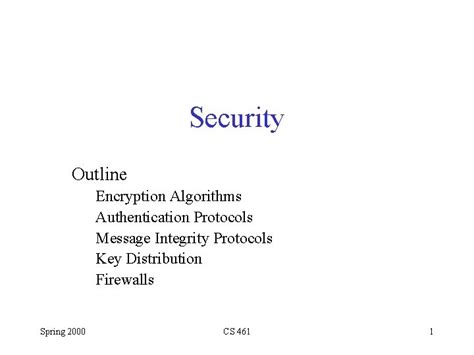 Security Outline Encryption Algorithms Authentication Protocols Message
