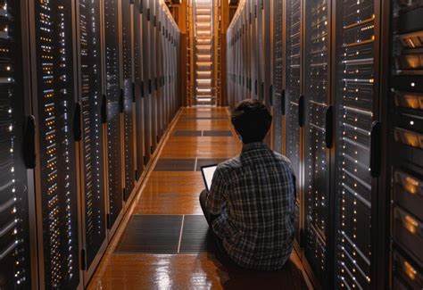 Premium Photo Tech Professional Troubleshooting With Laptop In A Modern Data Center