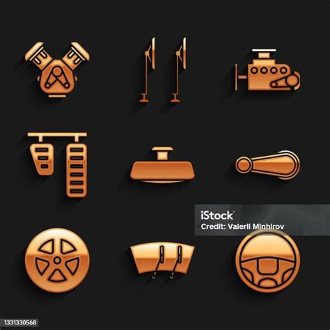 세트 자동차 거울 윈드 스크린 와이퍼 스티어링 휠 도어 핸들 가스 브레이크 페달 엔진 및 아이콘 벡터 가속 페달에 대한 스톡 벡터 아트 및 기타 이미지 Istock