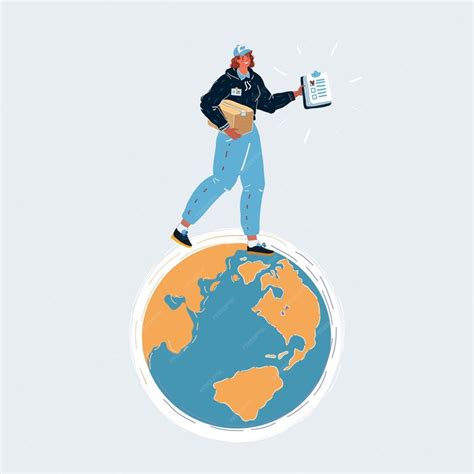 Premium Vector Vector Illustration Of Female Courier Walk On Planet Earth To Deliver Package