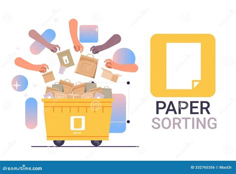 Paper Sorting Hands Placing Paper Items Into Yellow Bin With Colorful