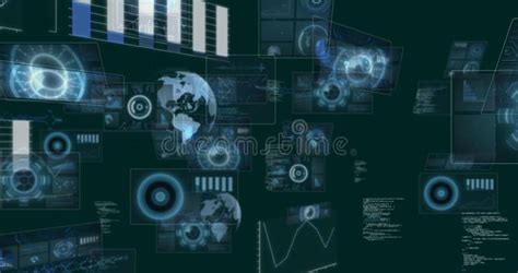 Animation Of Moving Screens With Scanning Circles Graphs Globe And Computer Languages Stock