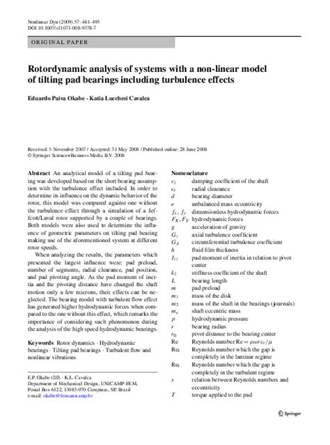 Pdf Rotordynamic Analysis Of Systems With A Non Linear Model Of Tilting Pad Bearings Including