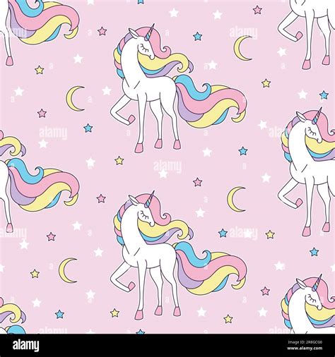 Seamless Pattern With Unicorn Moon And Stars On A Pink Background For