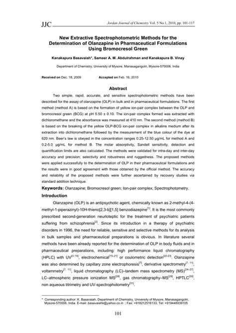 Pdf New Extractive Spectrophotometric Methods For The Determination Of Olanzapine In