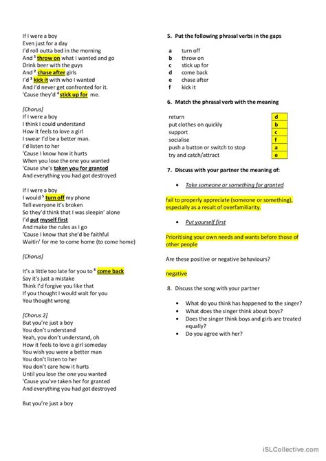 Song Worksheet If I Were A Bo English ESL Worksheets Pdf Doc