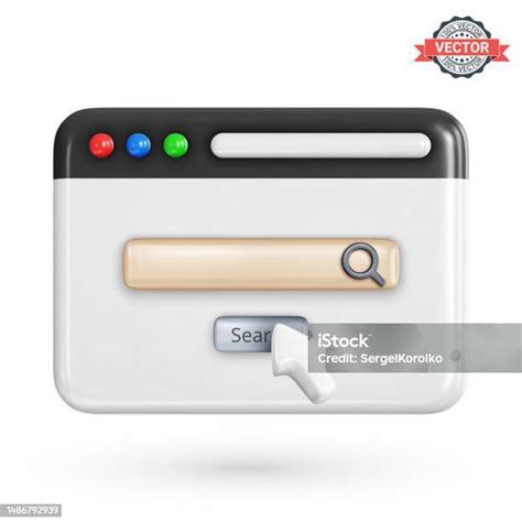 검색 창 마우스 포인터 및 검색 버튼이 있는 웹 브라우저 창입니다 웹 검색 또는 검색 엔진 개념입니다 흰색 배경에 사실적인 3d 벡터 그래픽 3차원 형태에 대한 스톡 벡터