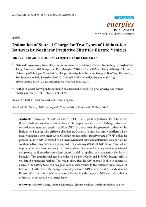 Pdf Estimation Of State Of Charge For Two Types Of Lithium Ion